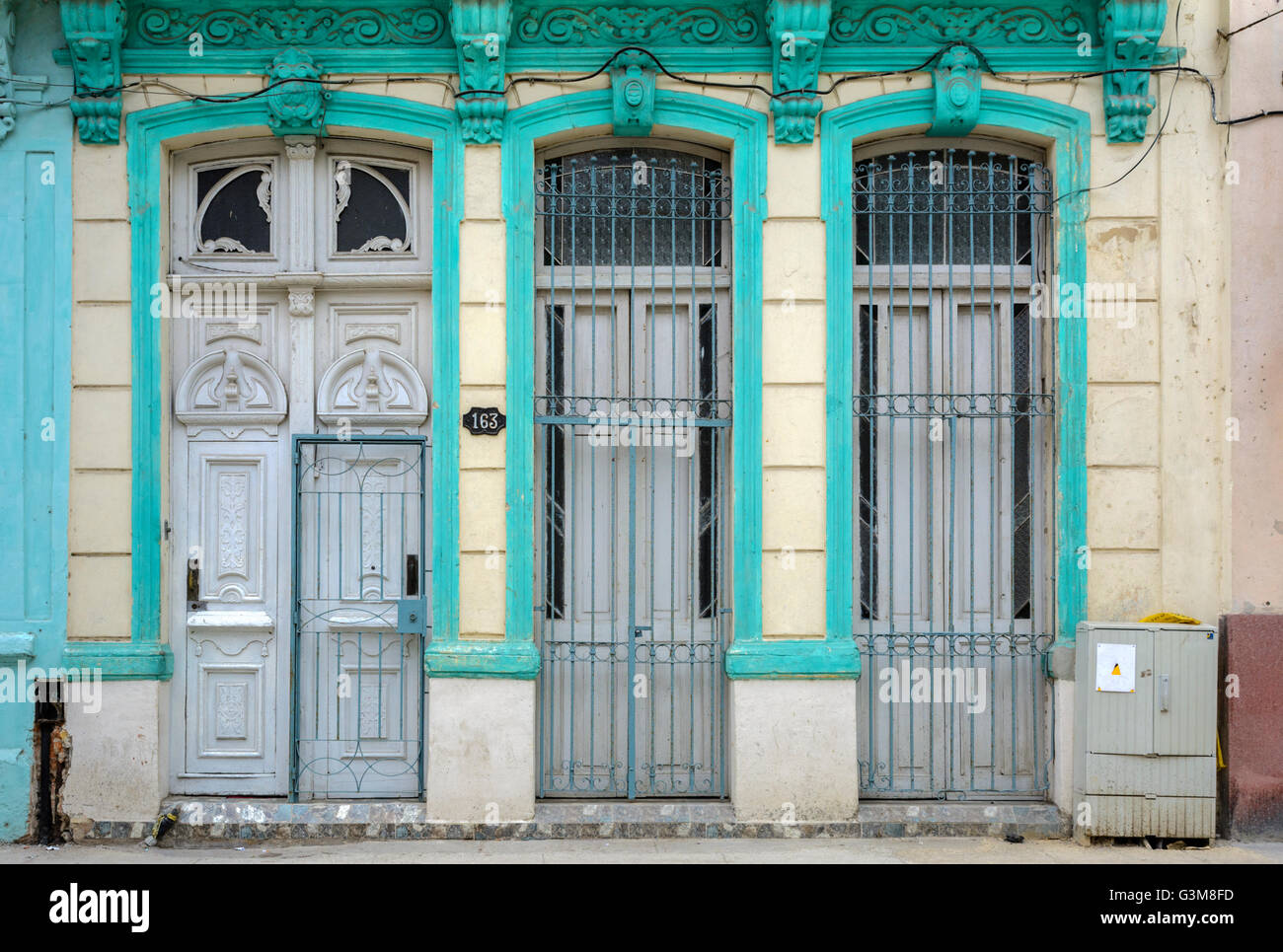 Traditional colonial architecture on a building facade in Havana, Cuba ...