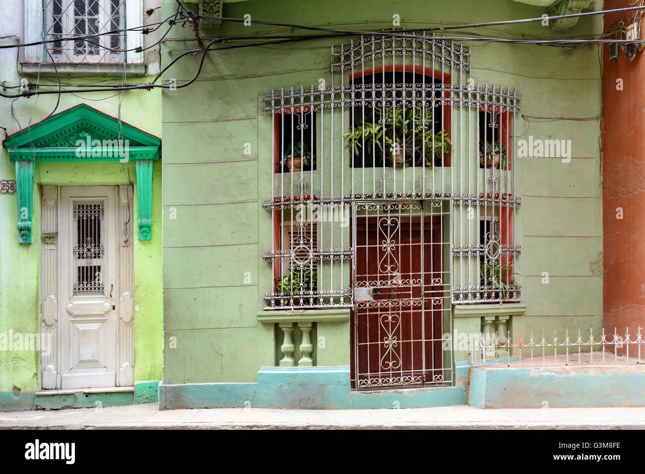 Traditional colonial architecture on a building facade in Havana, Cuba ...
