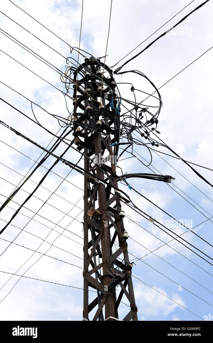 Many wires on an old electric pole Stock Photo - Alamy