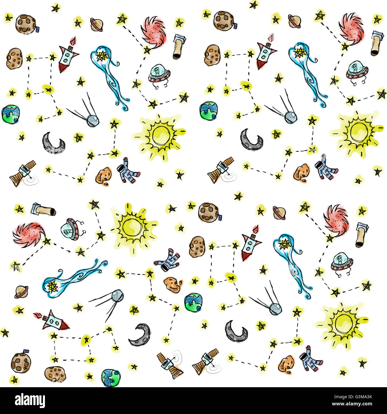 Universe themed seamless background. Hand drawn, colored with ...