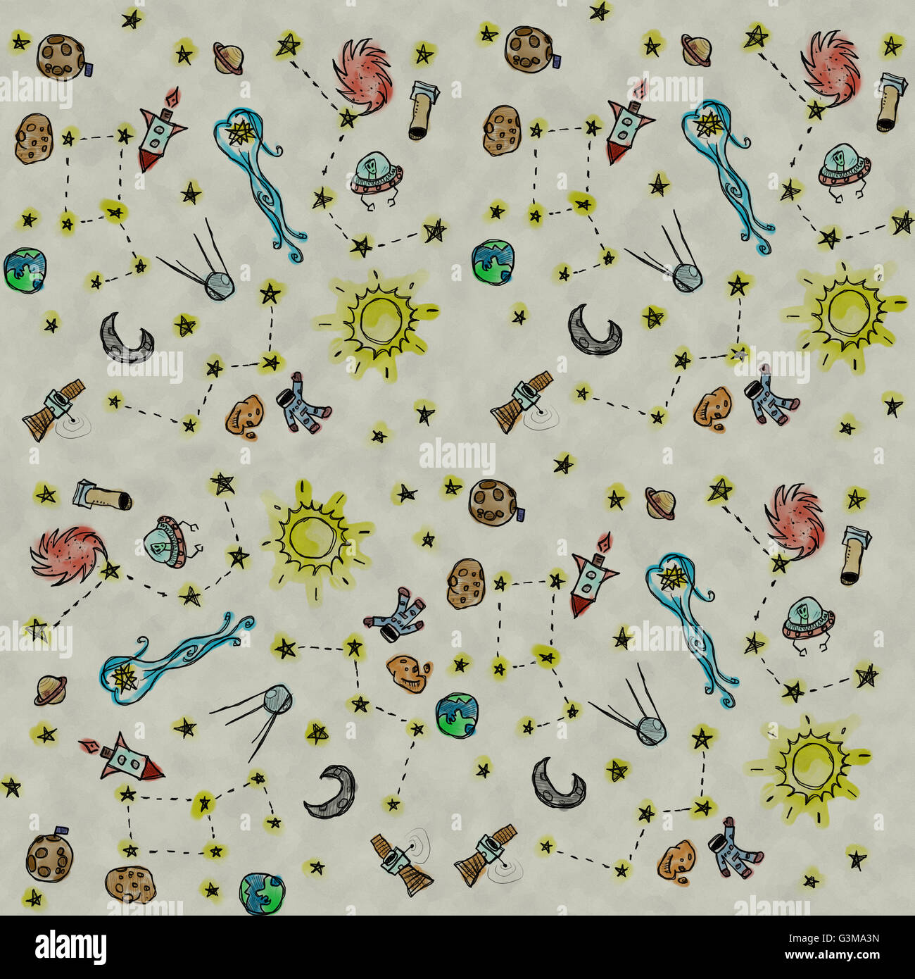 Universe themed seamless background. Hand drawn, colored with ...
