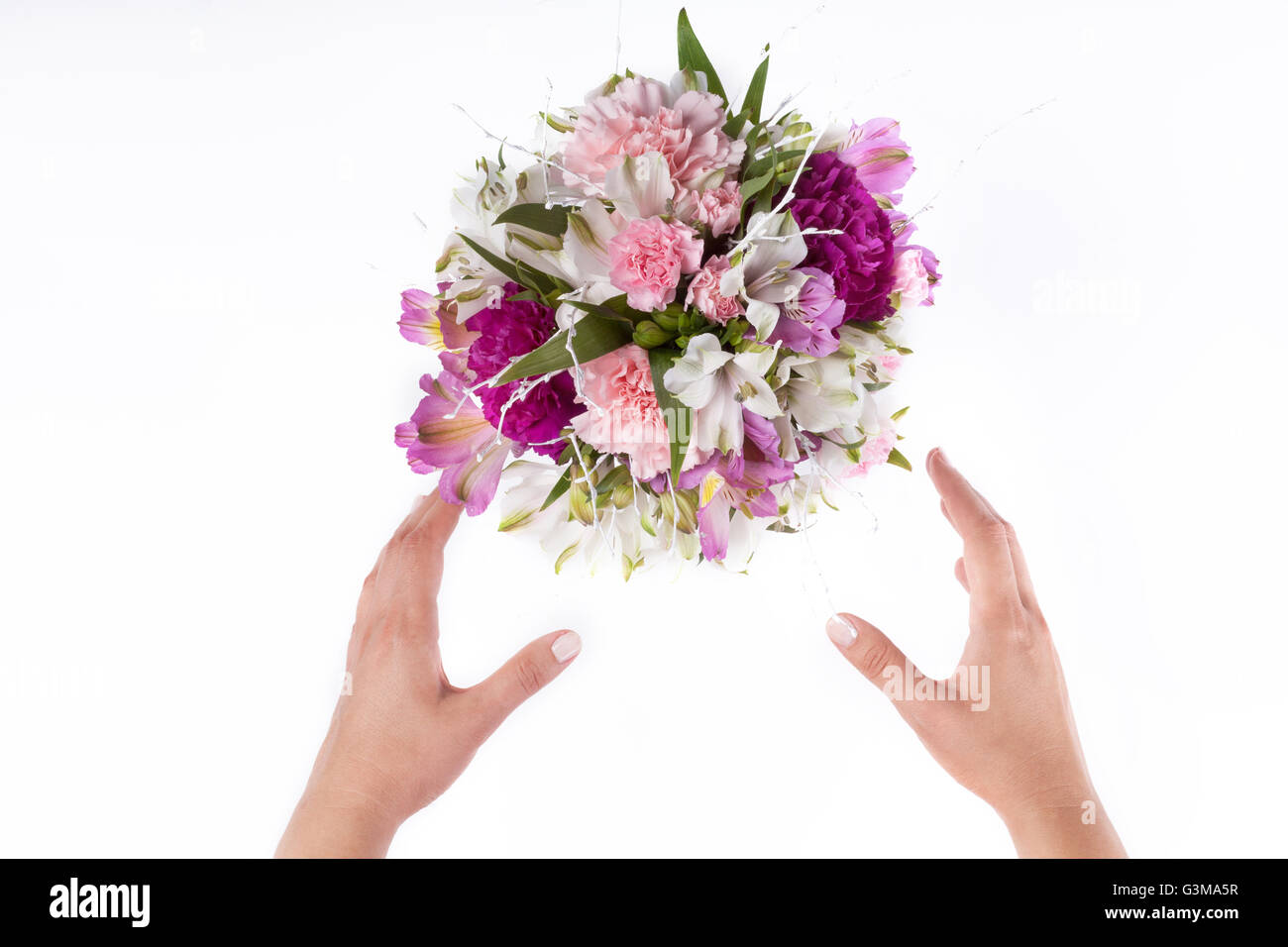 Hands receiving a pastel bouquet from pink and purple gillyflowers and ...