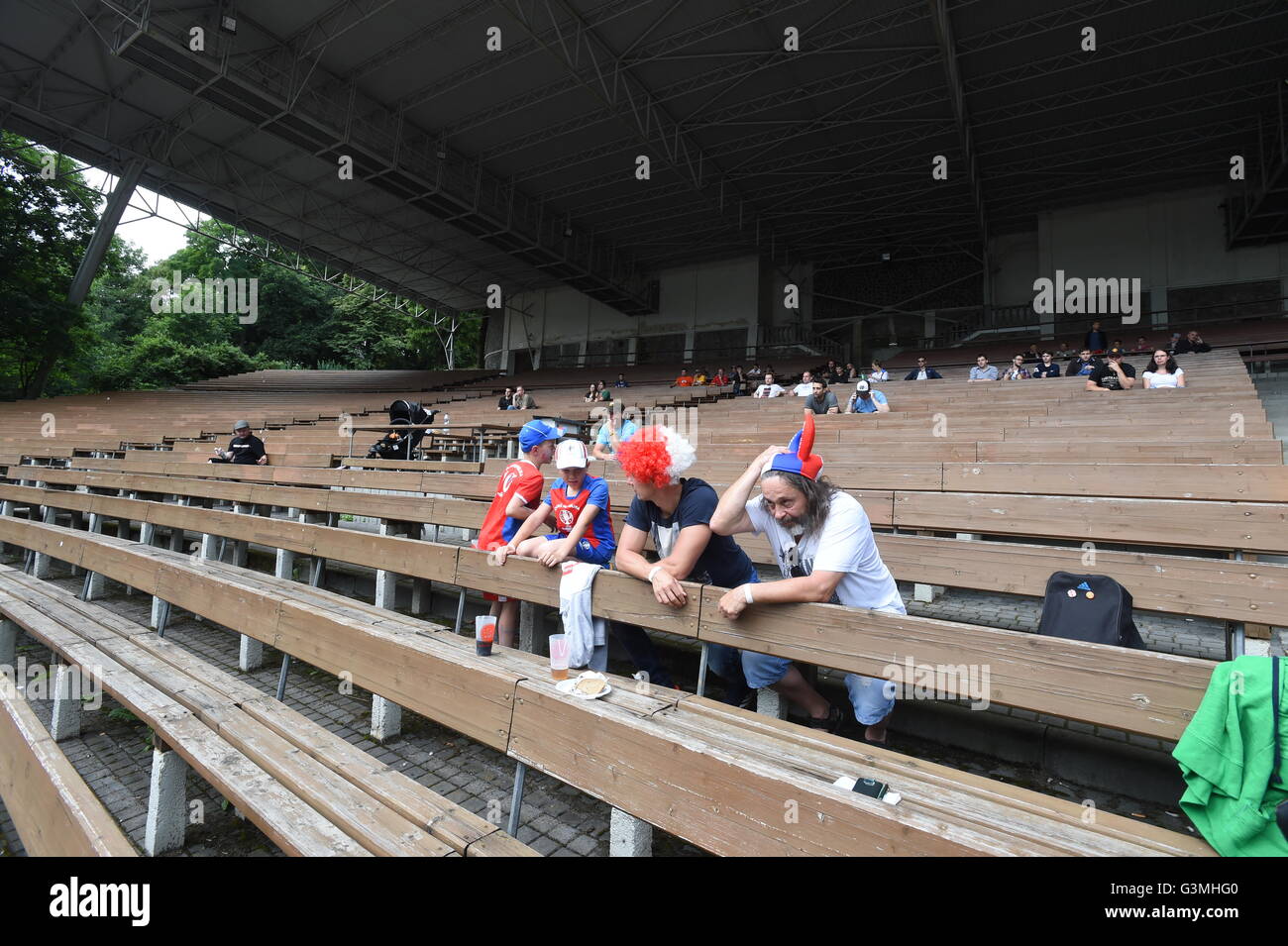 Fans watch the Group D match Czech Republic vs Spain in outdoor cinema ...