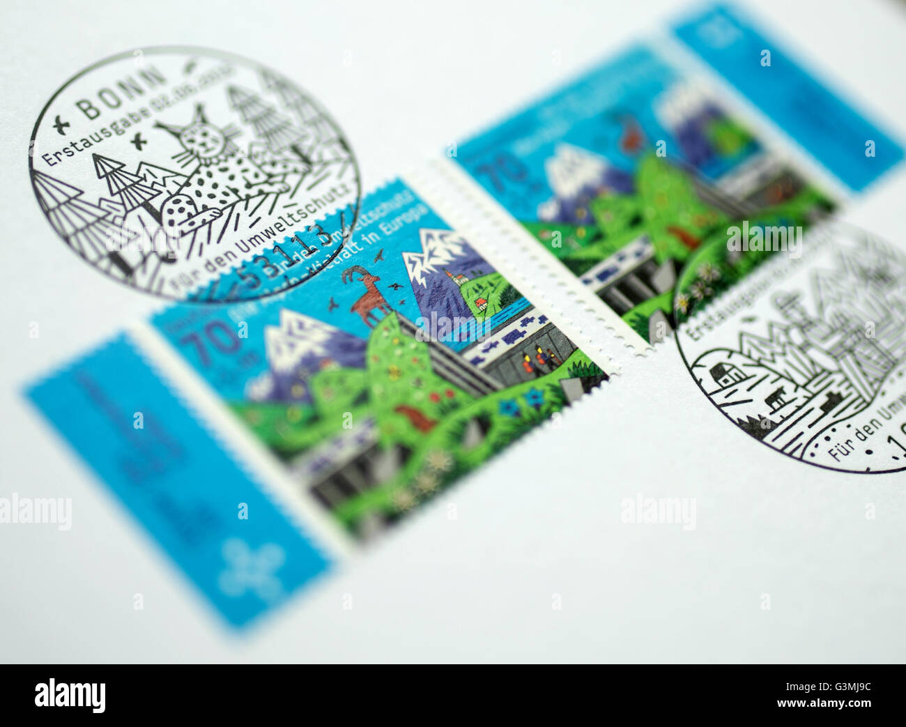 The special stamp 'The Alps - Diversity in Europe' worth 70 cents seen ...