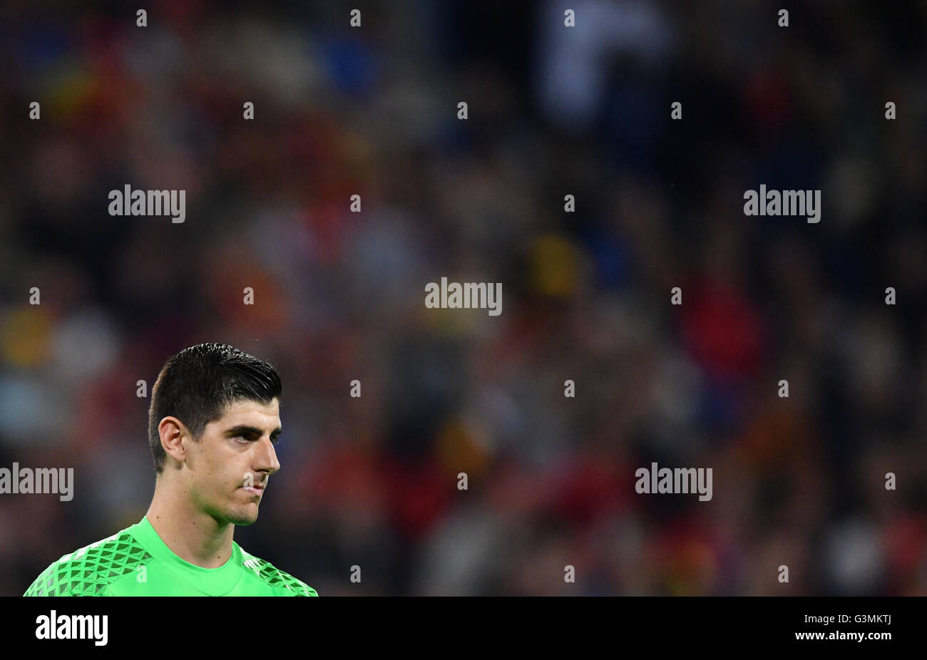 Lyon, France. 13th June, 2016. Goalkeeper Thibaut Courtois reacts after ...