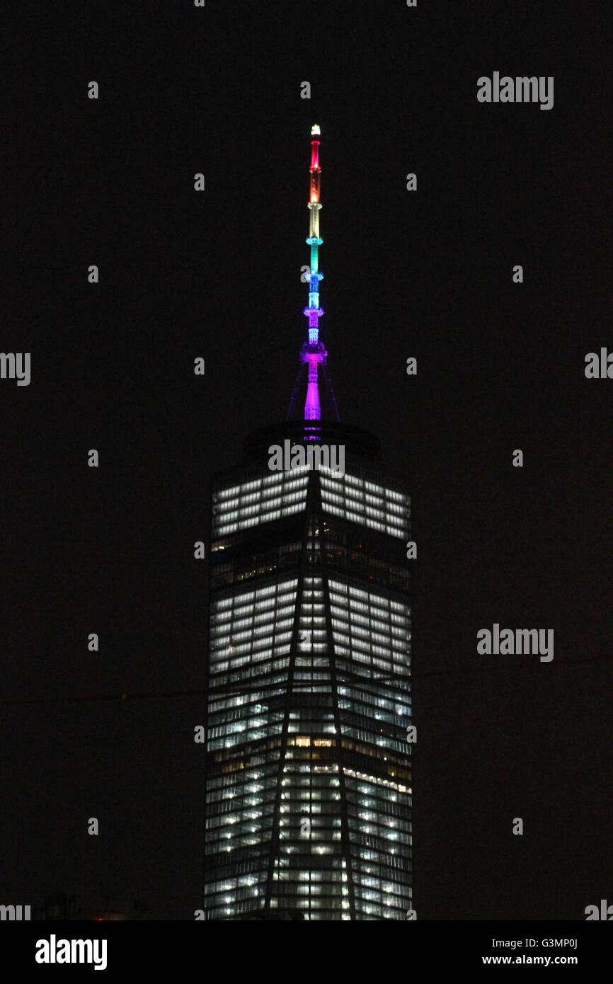 New York, New York, USA. 13th June, 2016. One World Trade Center lights ...