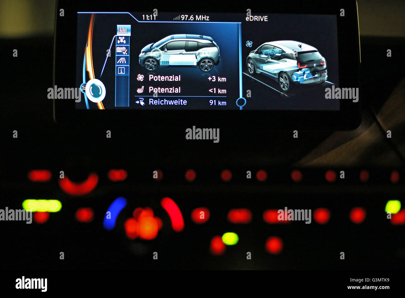 The display of an electrical powered BMW i3 informs about electricity ...