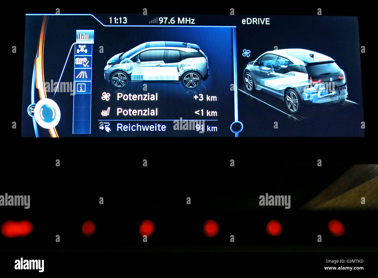 The display of an electrical powered BMW i3 informs about power saving ...