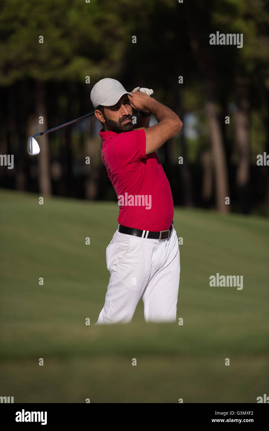 golf player shot ball from sand bunker at course Stock Photo - Alamy