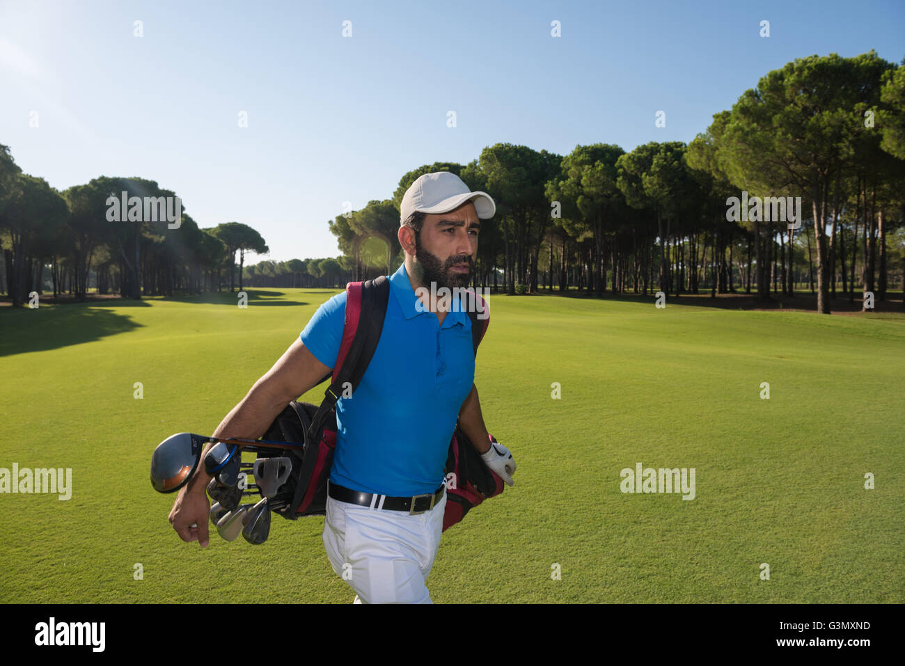 handsome middle eastern golf player carrying and bag and walking at ...