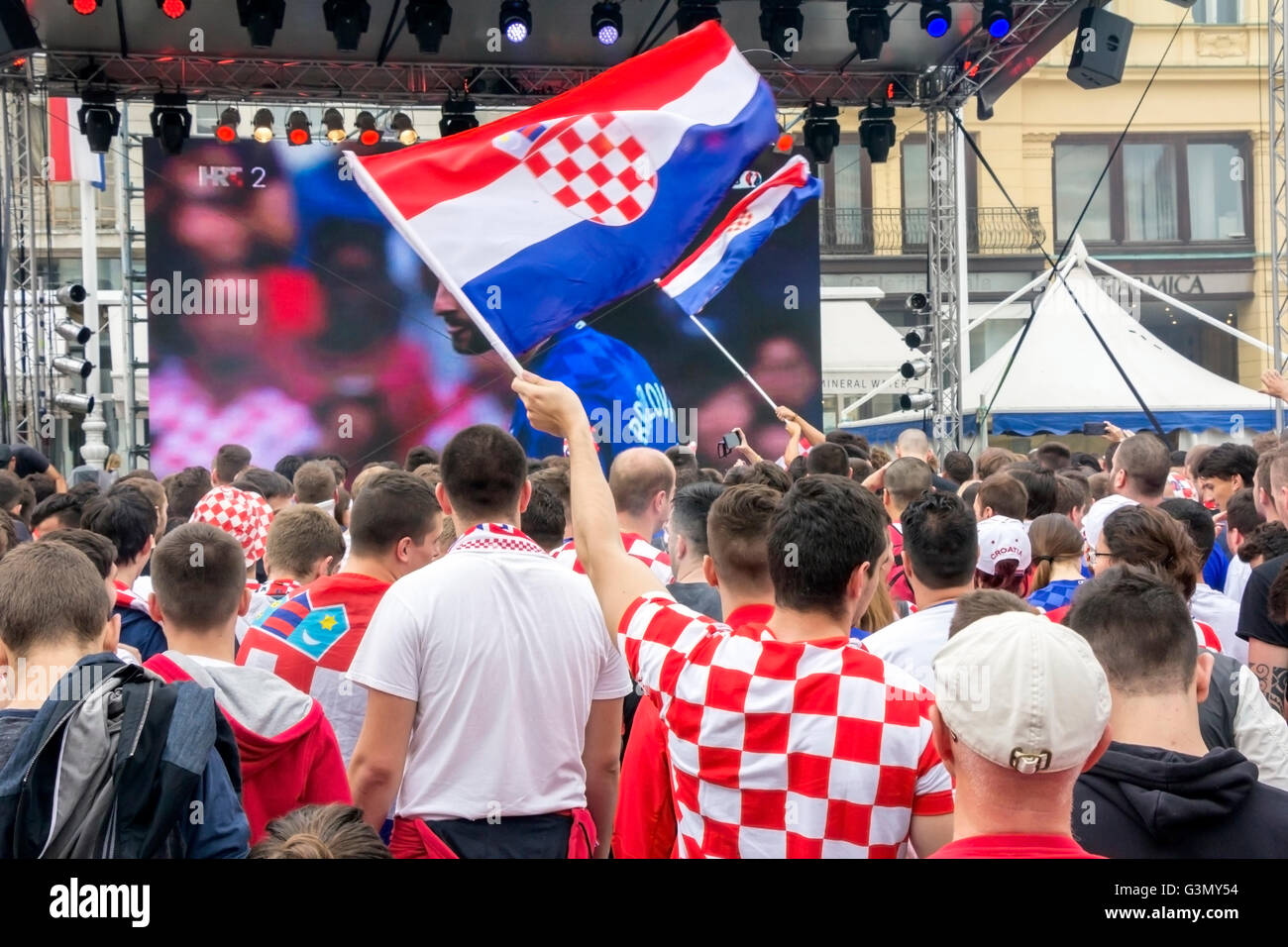 ZAGREB, CROATIA - JUNE 12 Croatian football fans on the Ban Jelacic ...