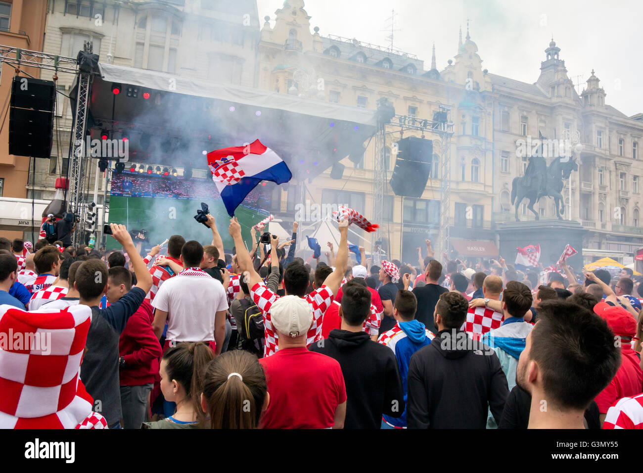ZAGREB, CROATIA - JUNE 12 Croatian football fans on the Ban Jelacic ...