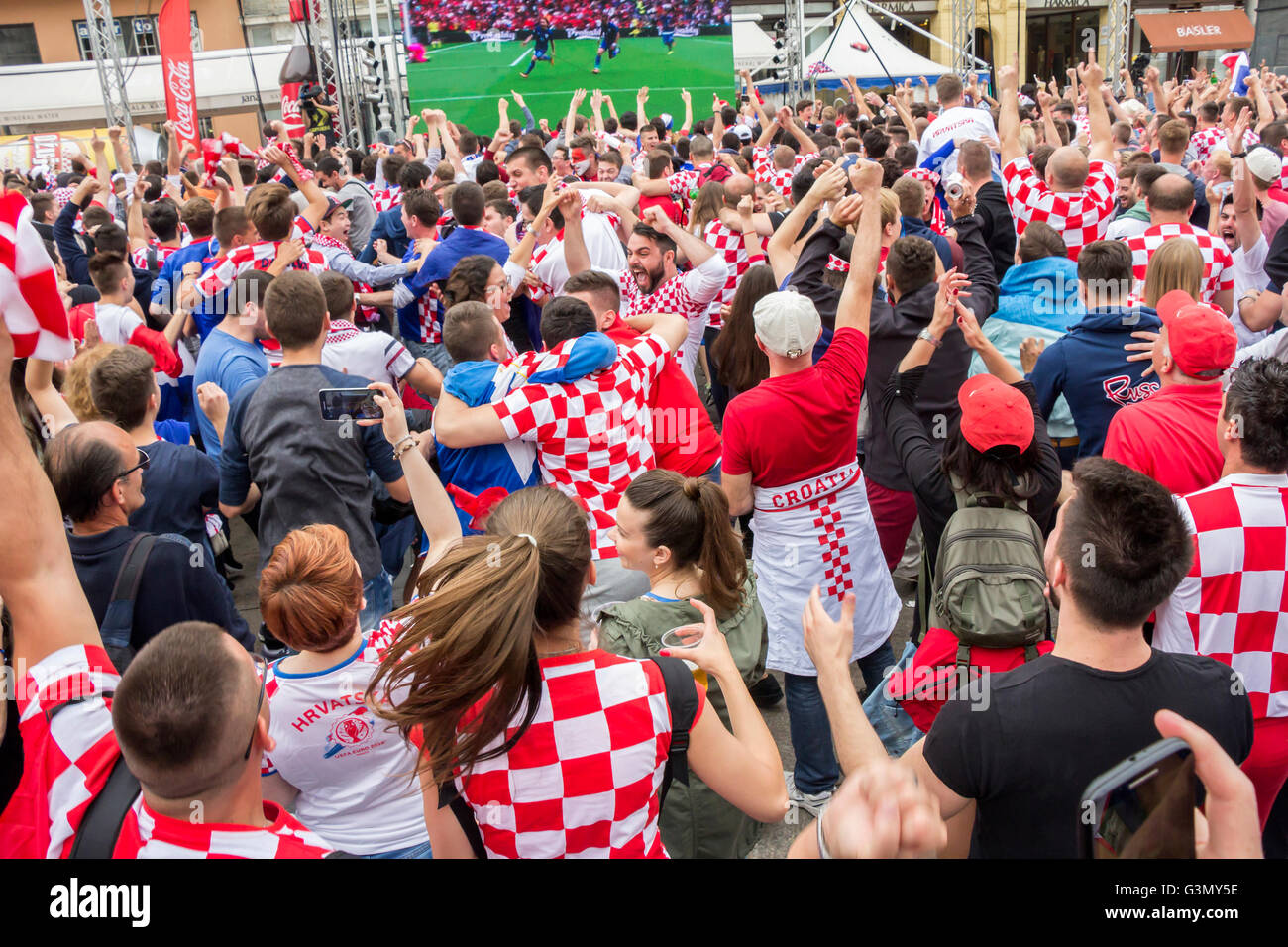 ZAGREB, CROATIA - JUNE 12 Croatian football fans on the Ban Jelacic ...