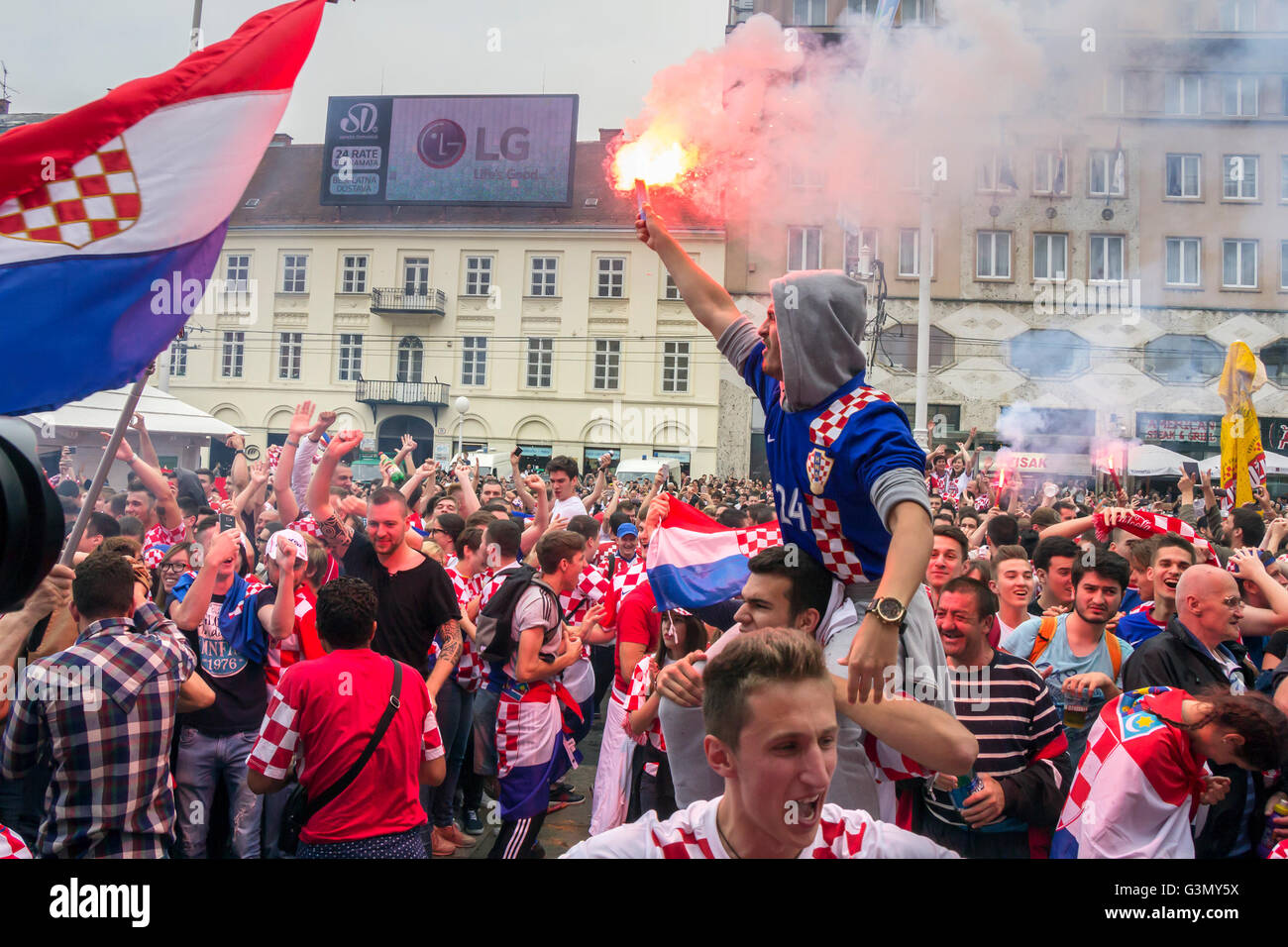 ZAGREB, CROATIA - JUNE 12 Croatian football fans on the Ban Jelacic ...