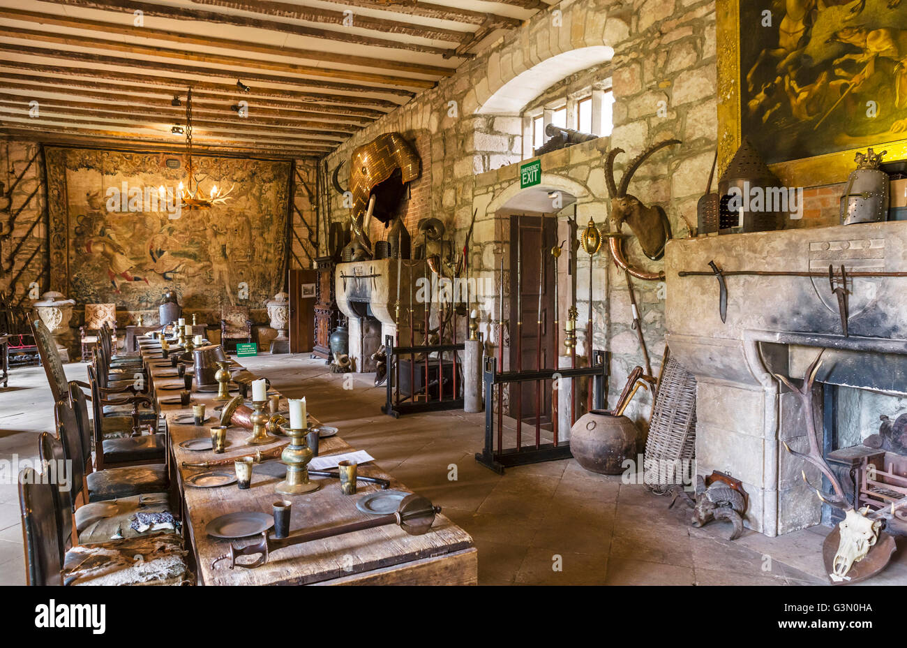 The dining hall in Chillingham Castle, Northumberland, England, UK ...