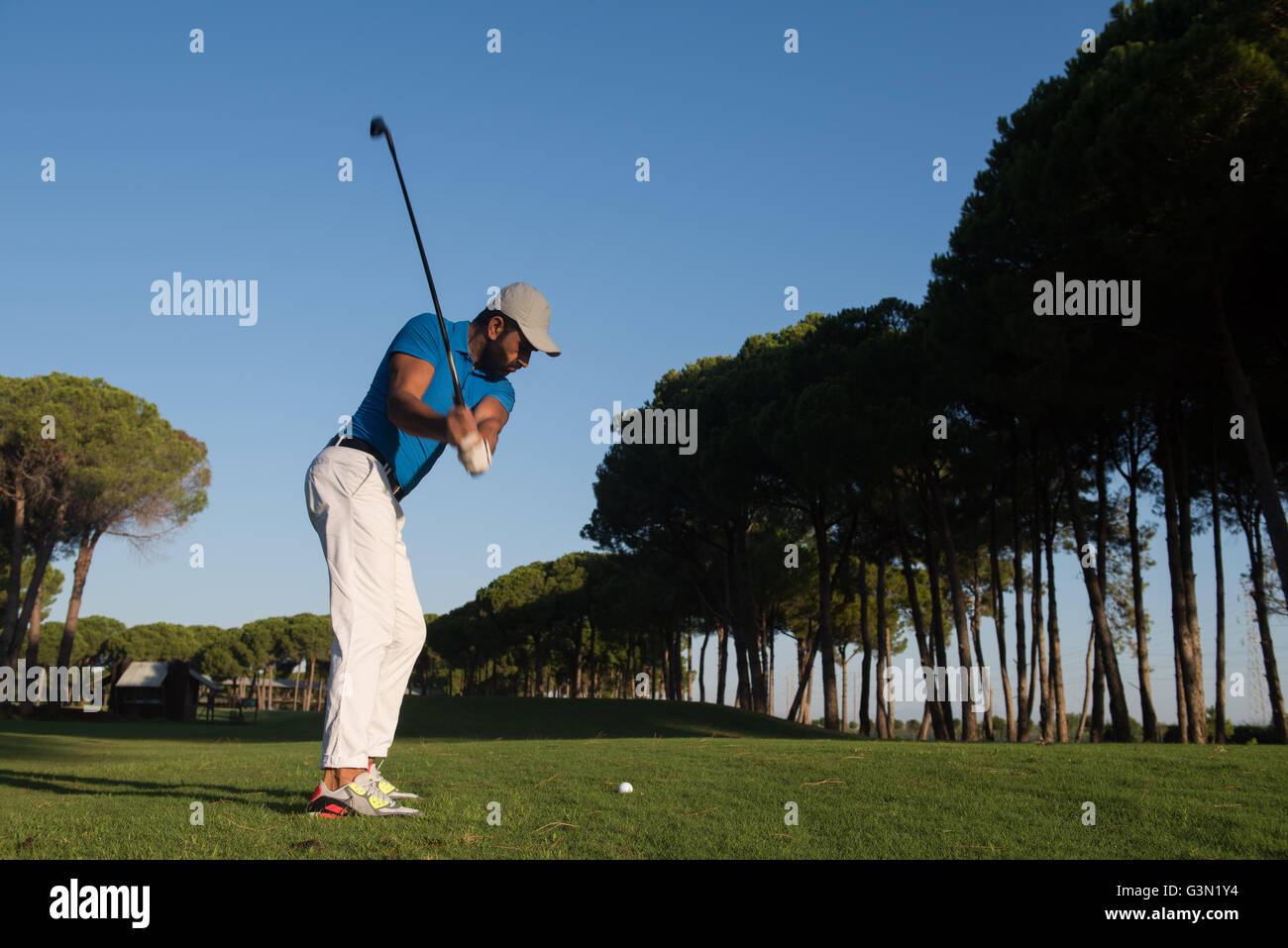 handsome sporty man, golf player hitting shot with club on course at ...