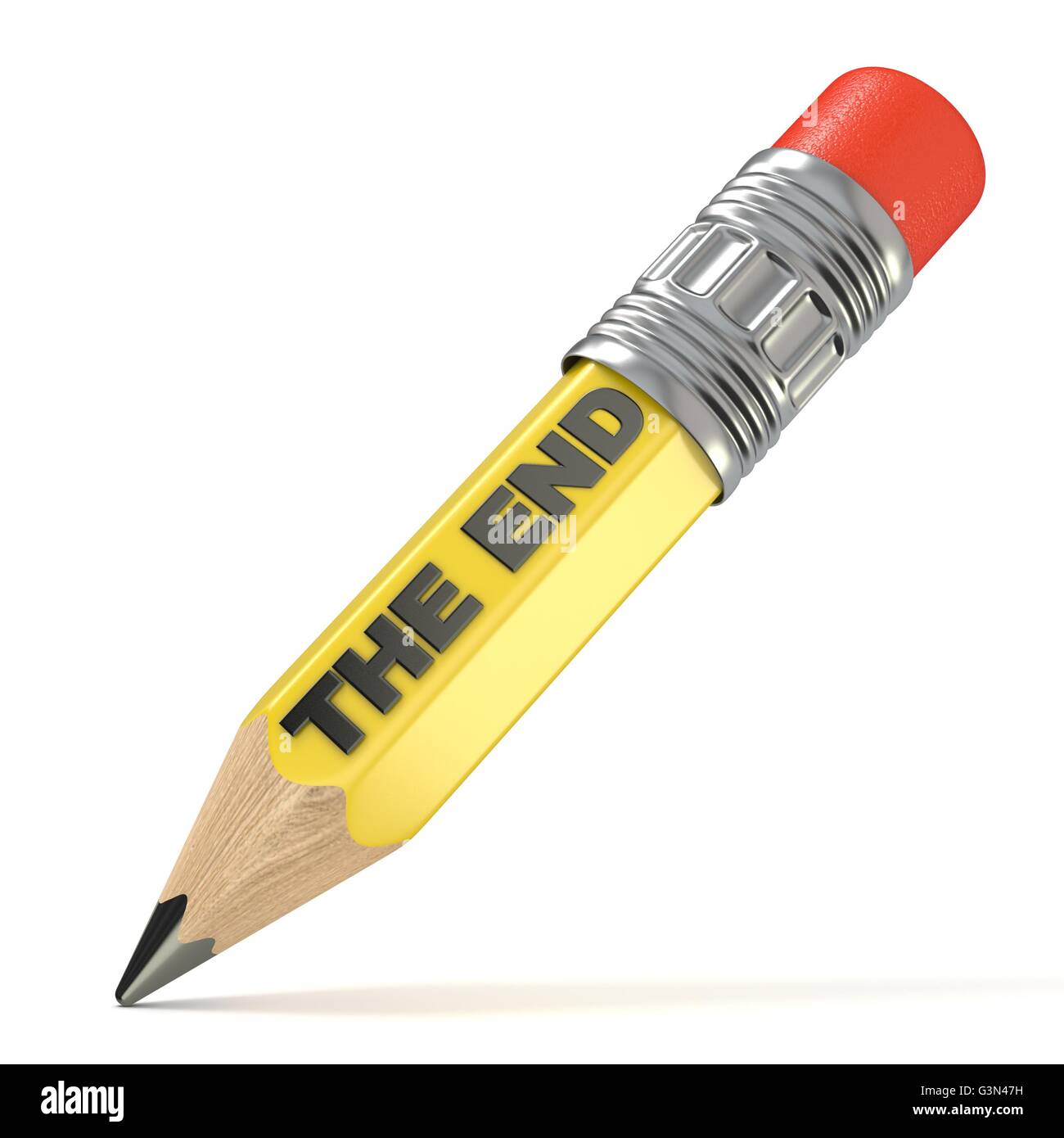 Yellow pencil THE END concept. 3D render illustration isolated on white ...