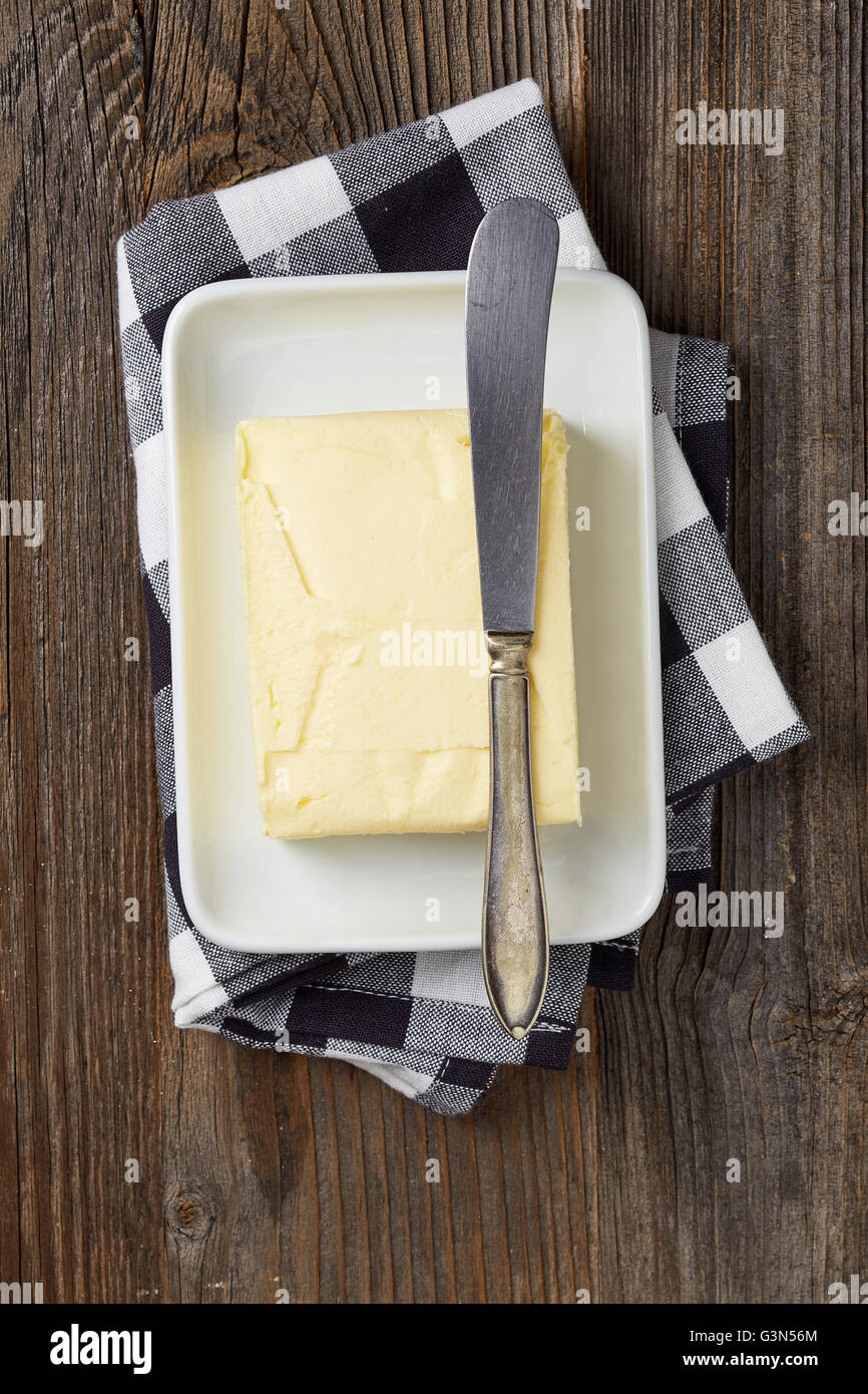 Butter on butter dish on wooden table, top view Stock Photo - Alamy