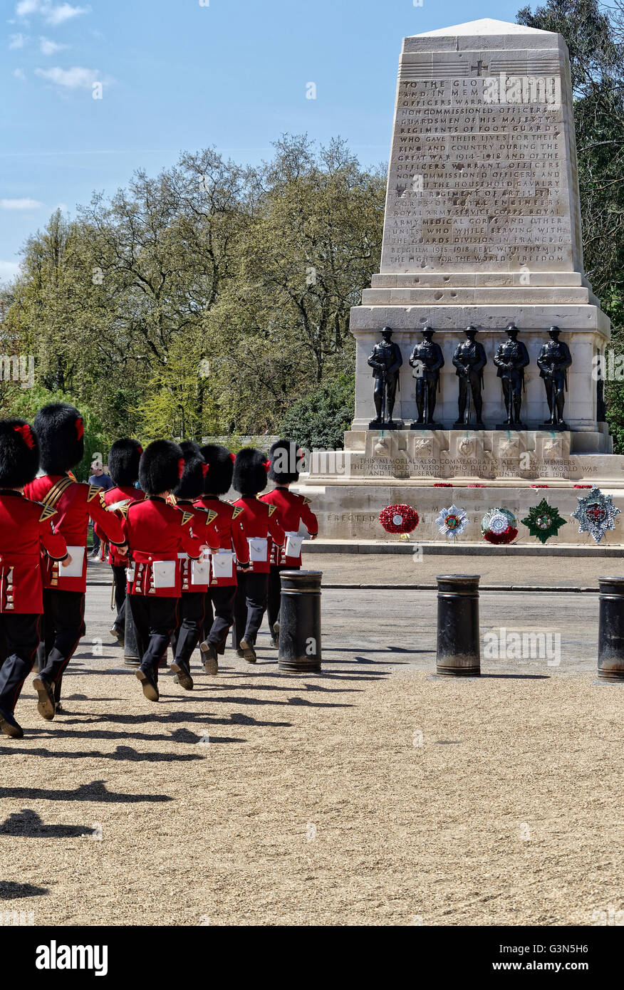 British Guardsmean march past the Guards Memorial; Horse Guards Parade ...