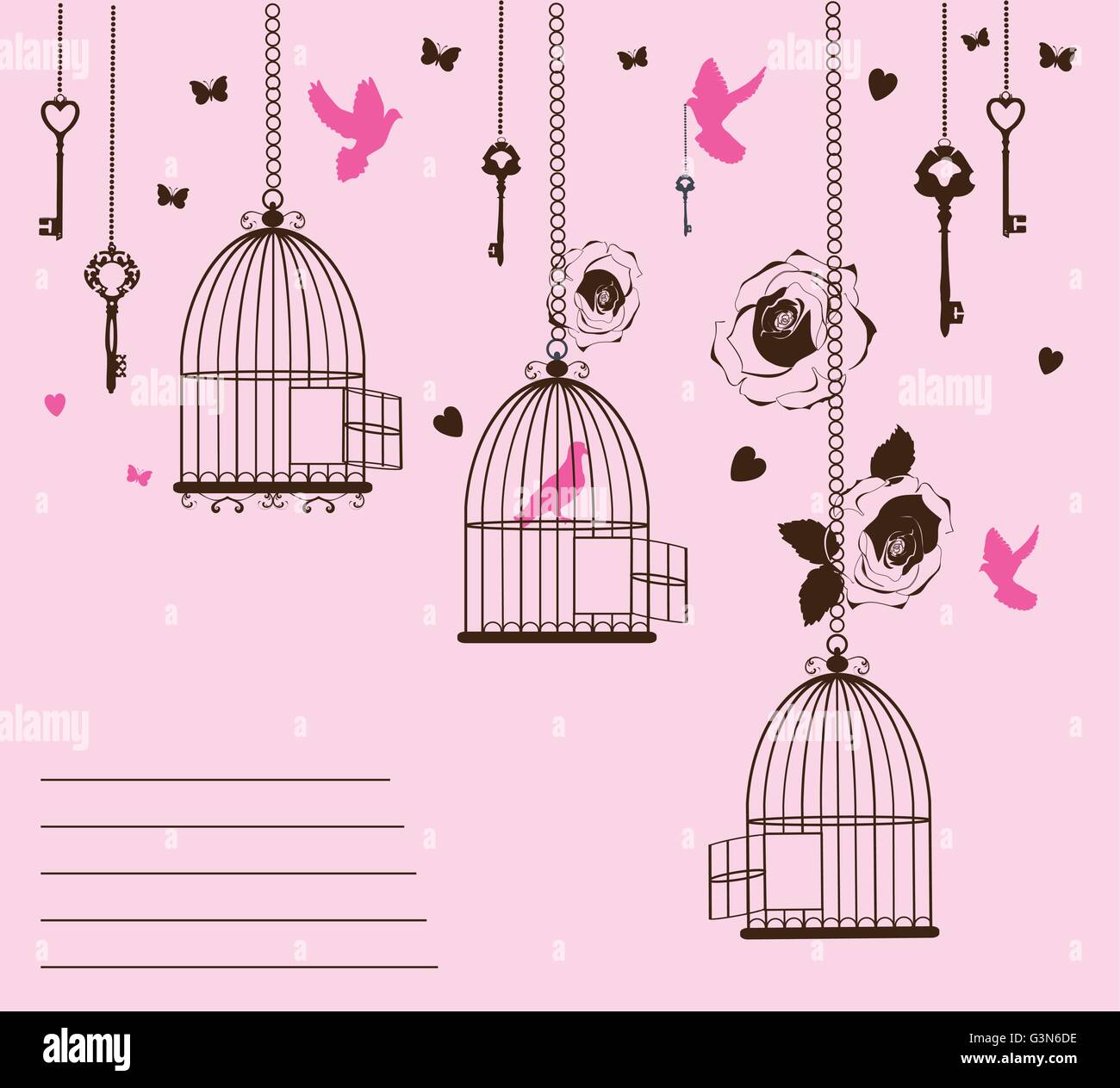 vector illustration of a vintage card with cages and birds Stock Vector ...