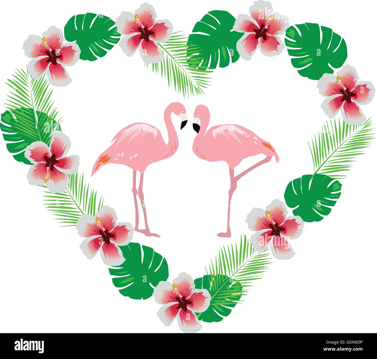 vector illustration of flamingo with tropical flowers in a heart shape ...