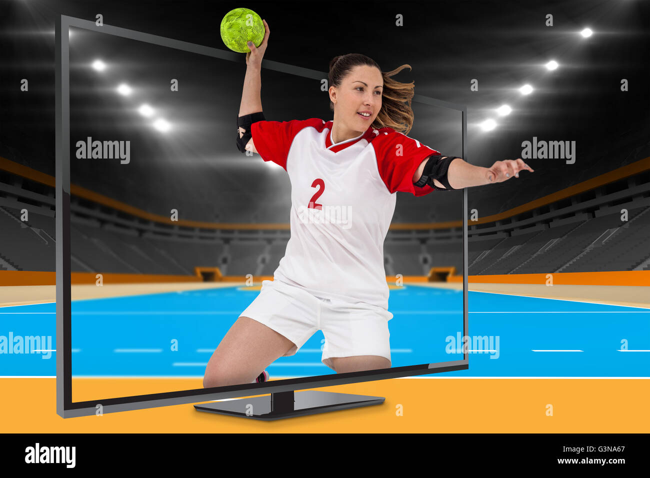 Composite image of sportswoman throwing a ball Stock Photo - Alamy