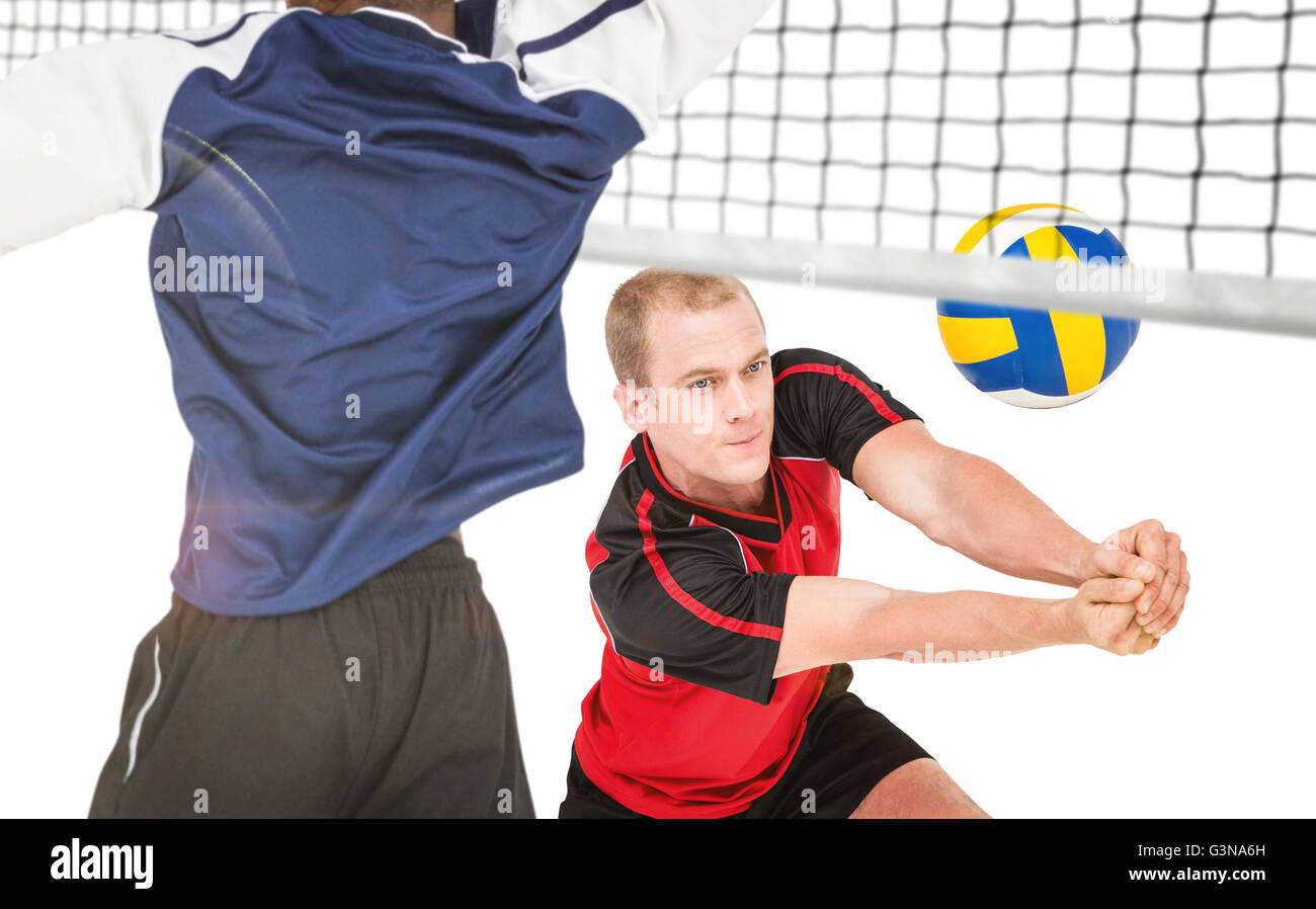 Composite image of rear view of sportsman posing while playing ...