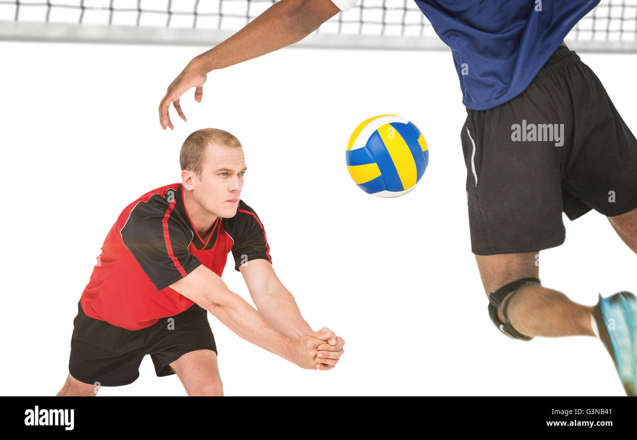 Composite image of rear view of sportsman posing while playing ...