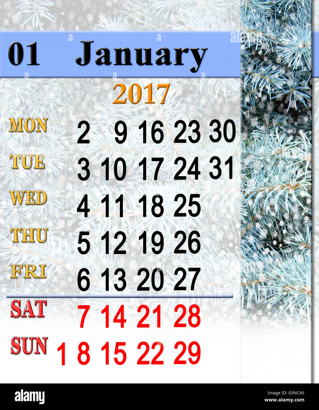 calendar for January 2017 with New Year's tree and snowfall Stock Photo ...
