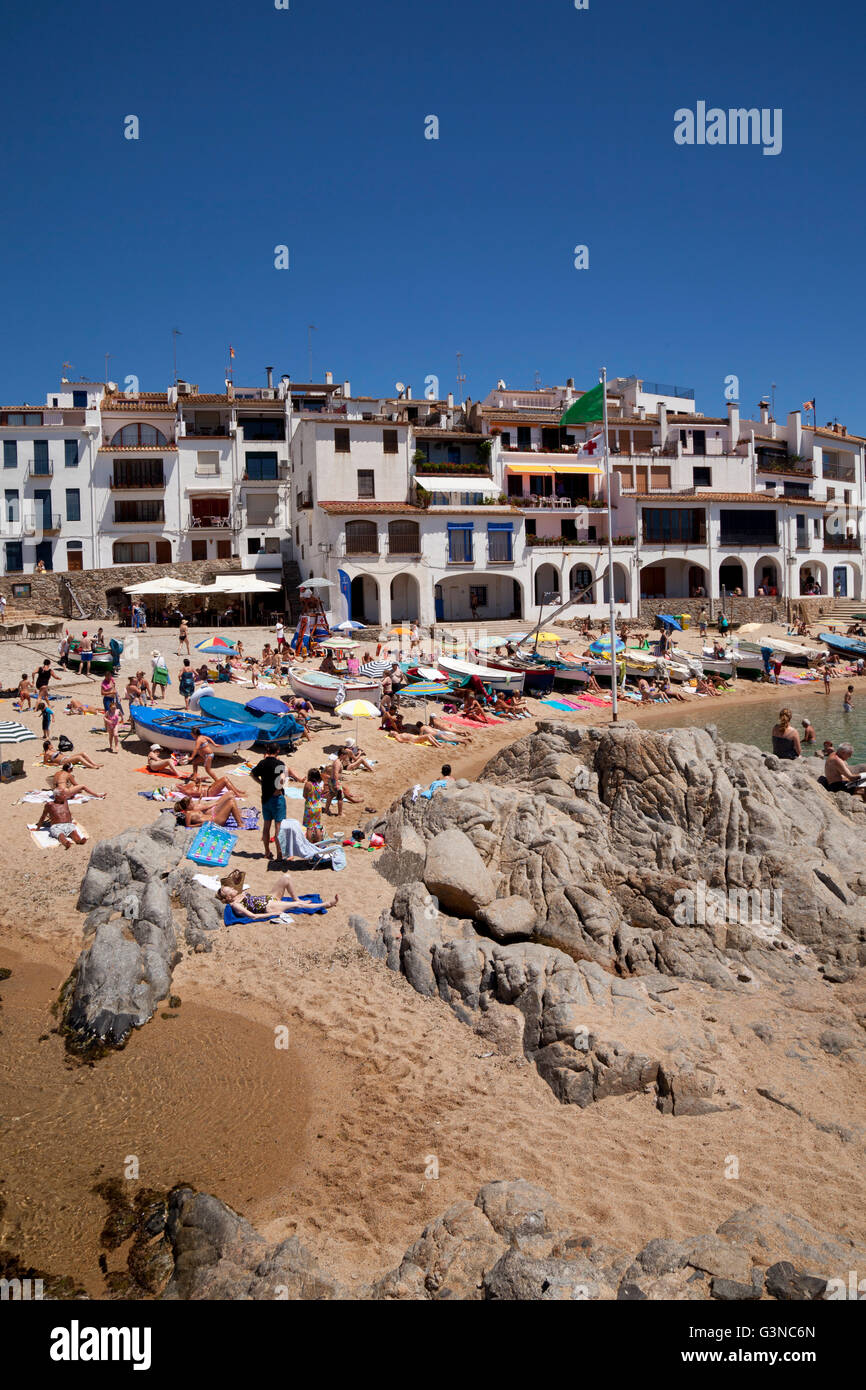 Townscape with beach, Calella de Palafrugell, Costa Brava, Catalonia ...