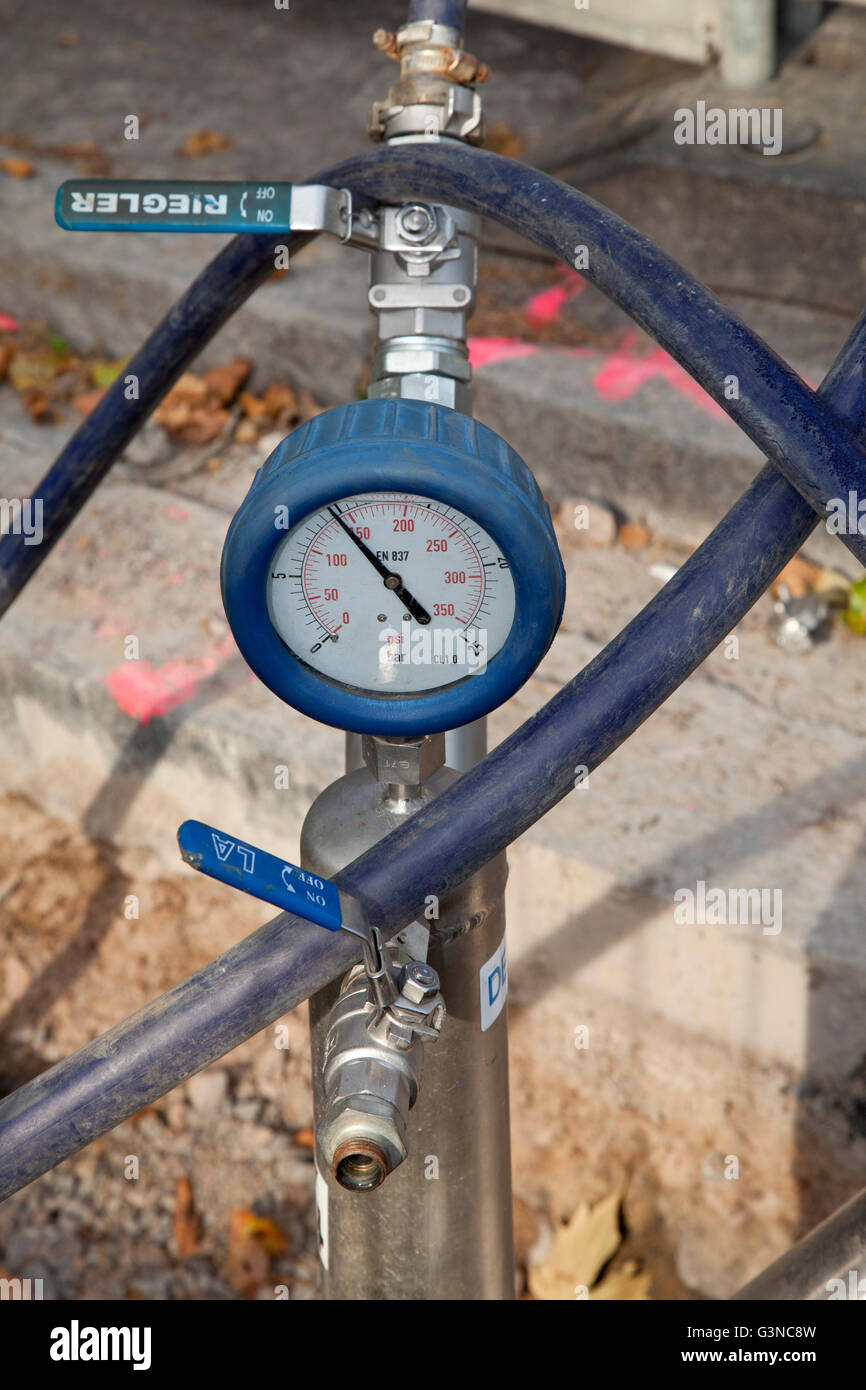 Gas pipe with a manometer on a construction site, renewal of supply ...