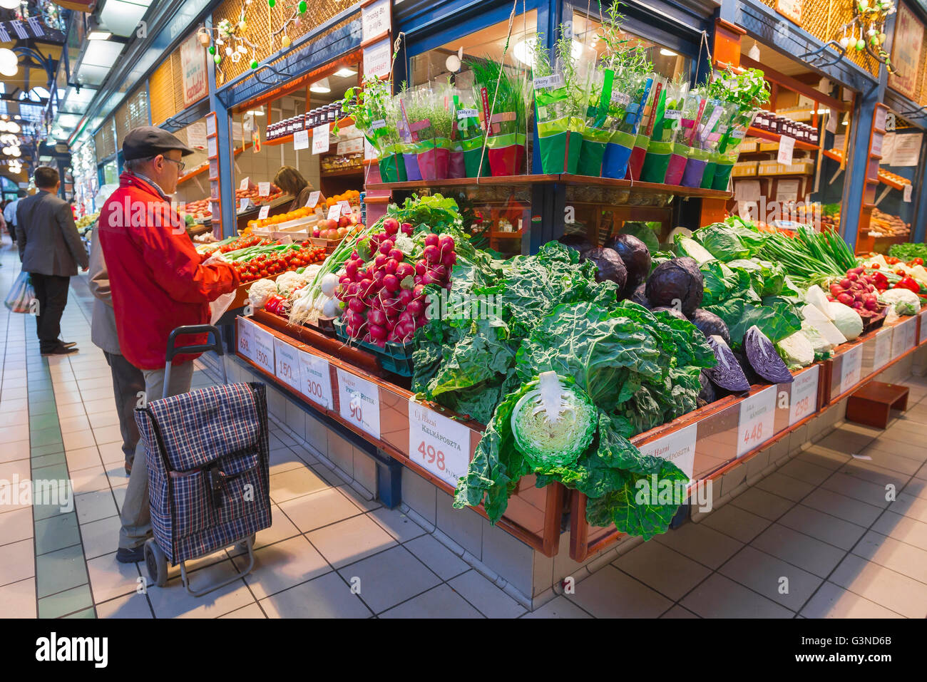 Budapest food market, a man buys vegetables inside the Great Market ...