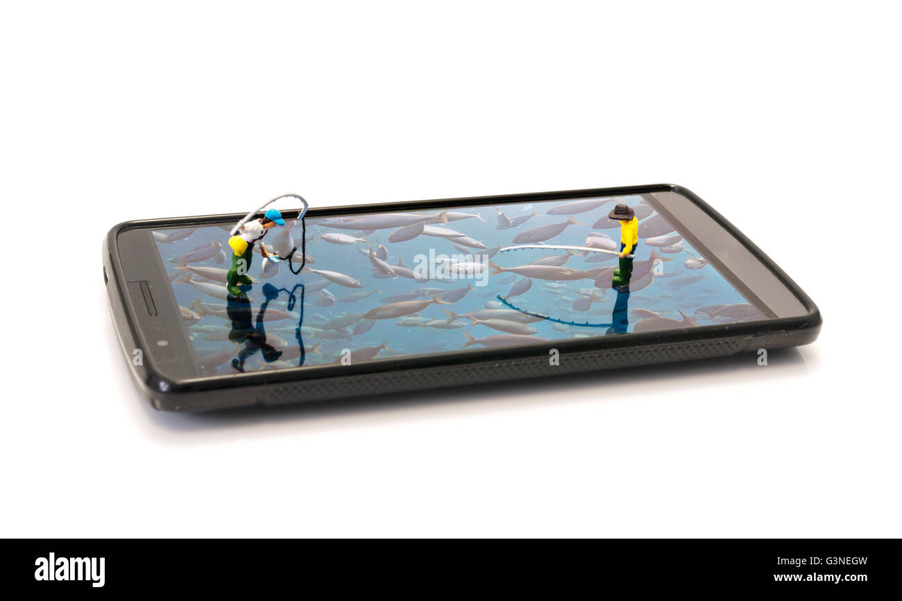 little miniature fishing man fishing on mobile phone Stock Photo - Alamy
