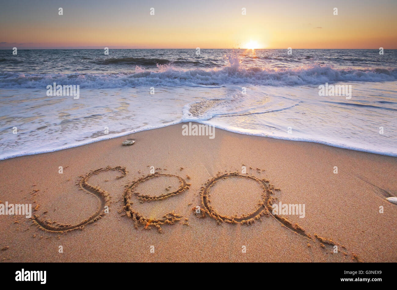 Sea word on the beach. Element of design Stock Photo - Alamy