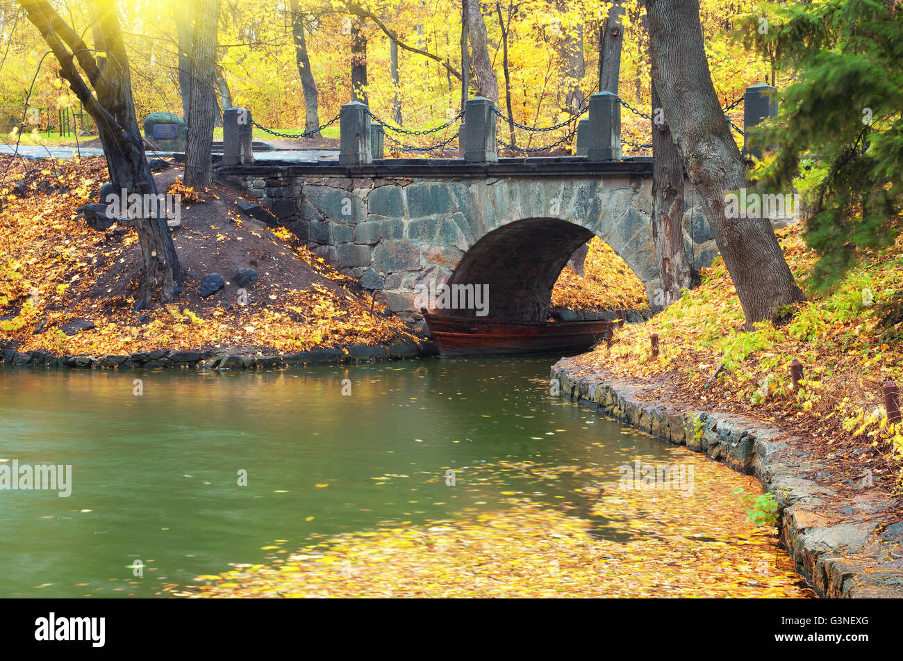 Autumn landscape. Bridge in park. Composition of nature Stock Photo - Alamy