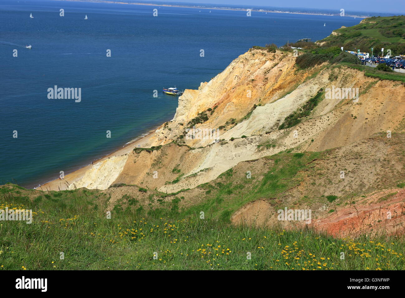 A view of the multi coloured cliffs of Alum Bay on the Isle of Wight ...