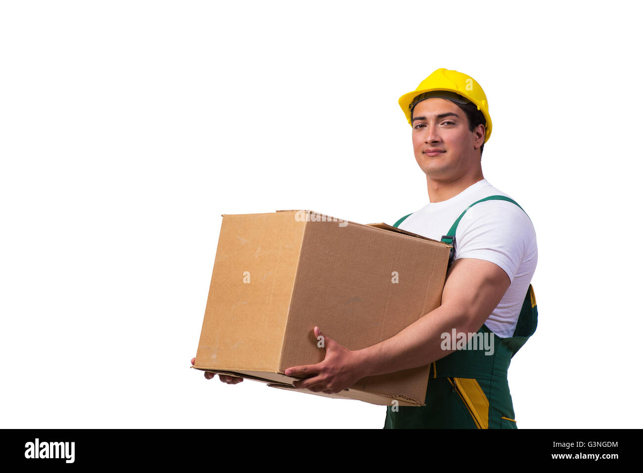 Man moving boxes isolated on the white background Stock Photo - Alamy