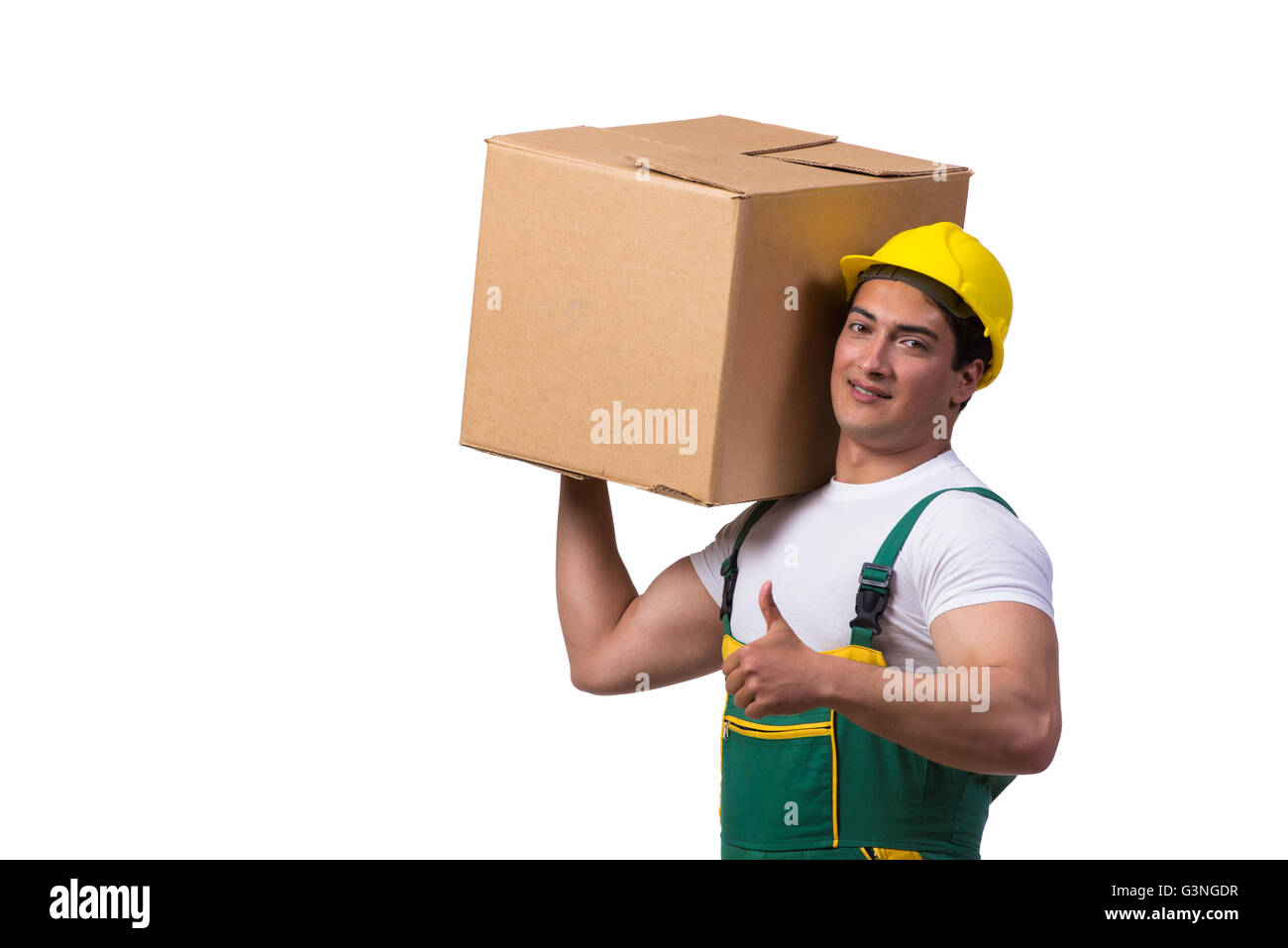 Man moving boxes isolated on the white background Stock Photo - Alamy