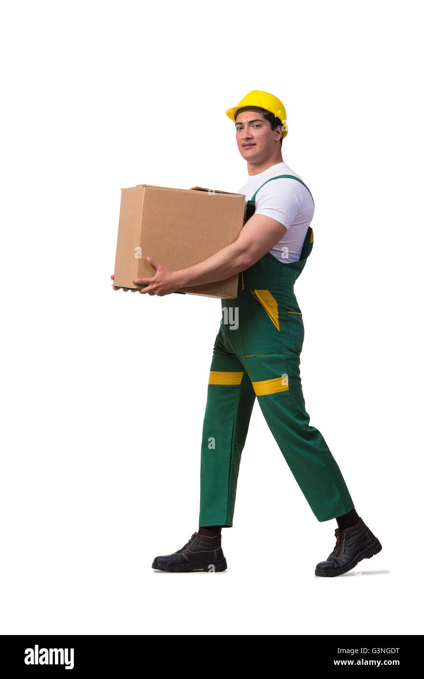 Man moving boxes isolated on the white background Stock Photo - Alamy