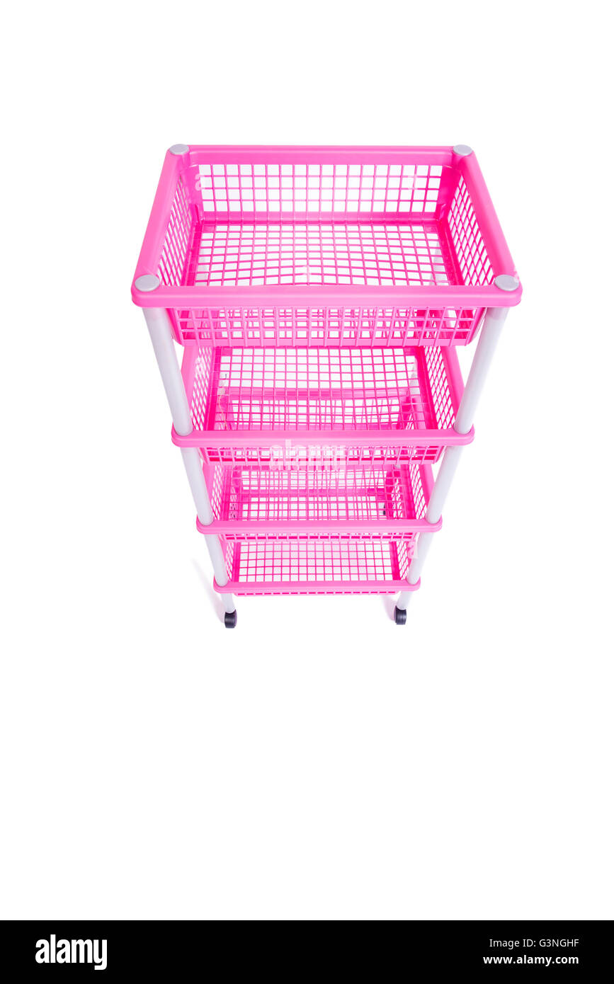 Pink bin rack shelf with wheels isolated on white Stock Photo - Alamy