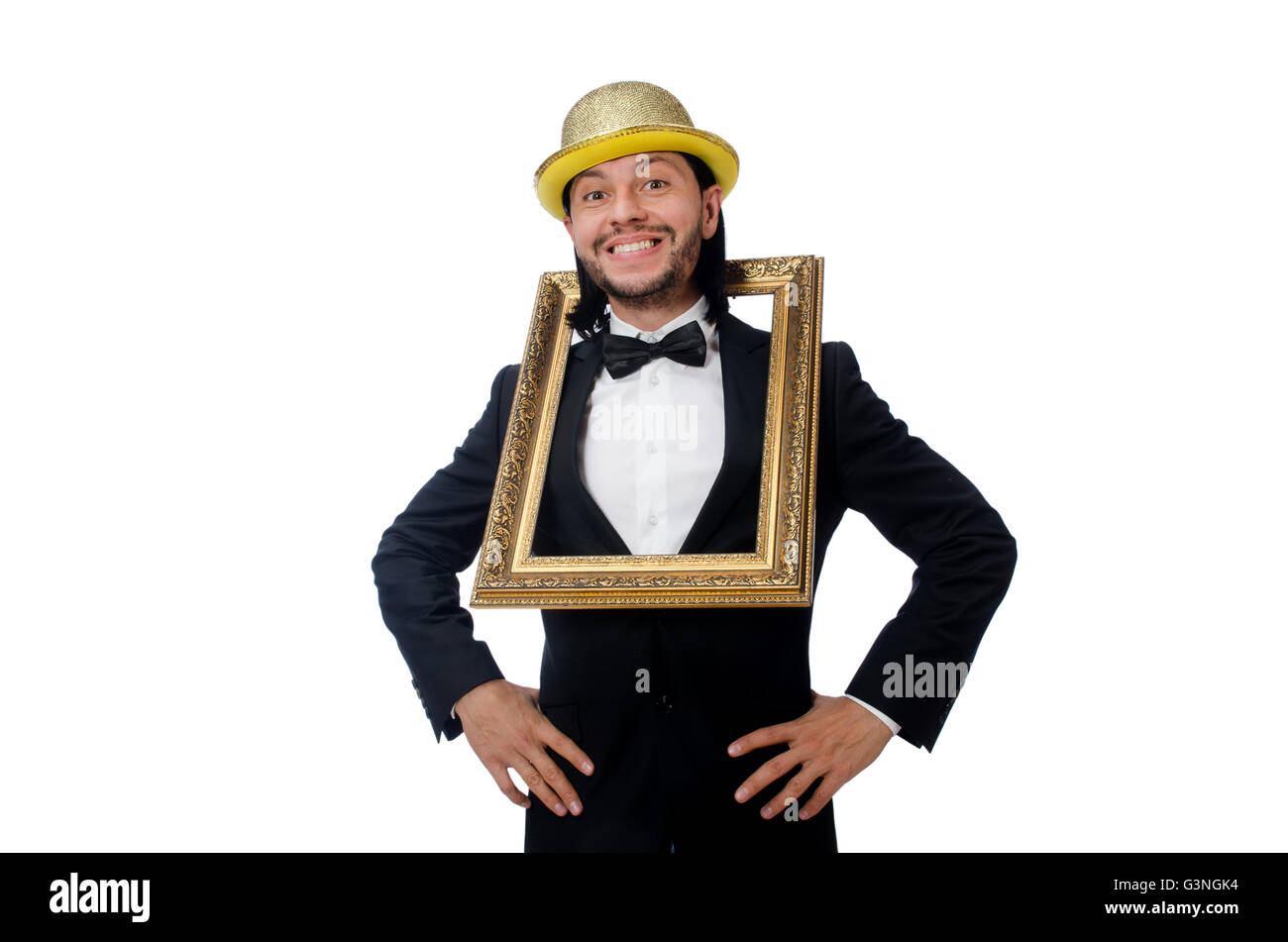 Man with picture frame isolated on white Stock Photo - Alamy