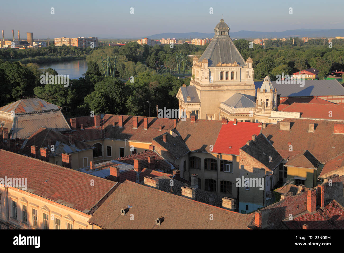 Romania, Crisana, Arad, aerial view, Palace of Culture, Mures River ...