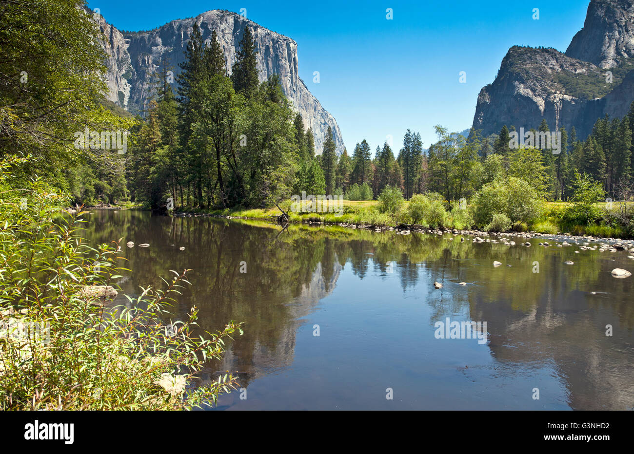 Merced River flows through Yosemite National Park, California Stock ...