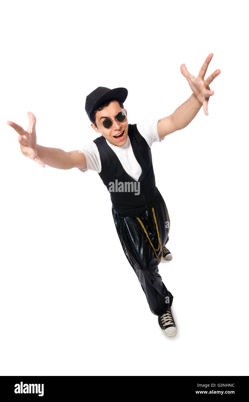 Funny young man dancing isolated on white Stock Photo - Alamy