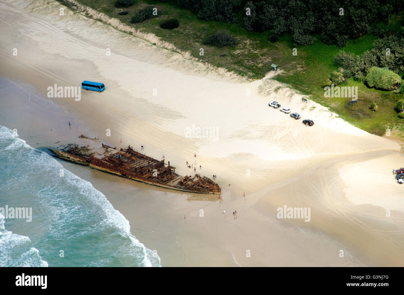 Aerial view of the impressive SS Maheno luxury shipwreck resting on the ...