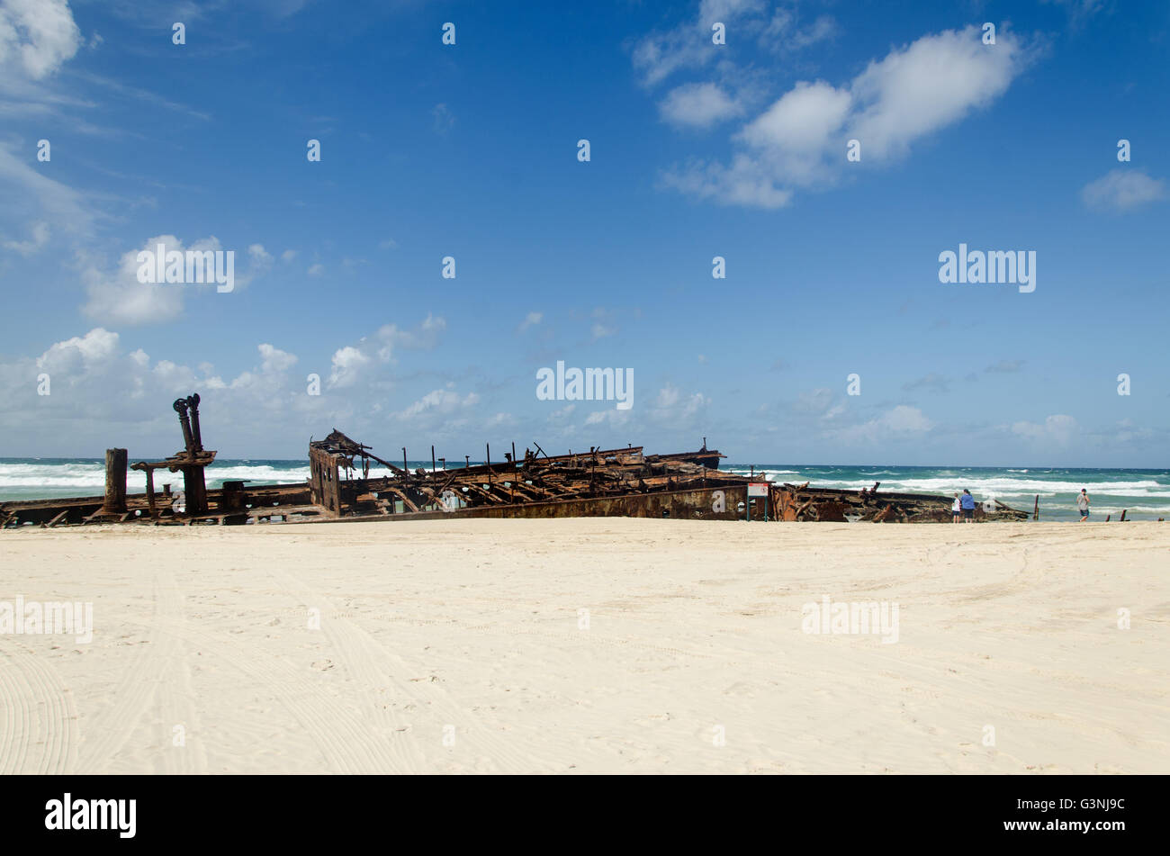 Impressive SS Maheno luxury shipwreck resting on the beach on clear ...