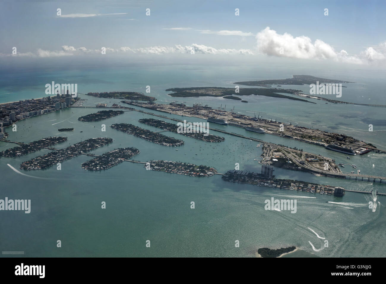 Aerial view, Venetian Islands, Dodge Island behind, harbour, Miami ...