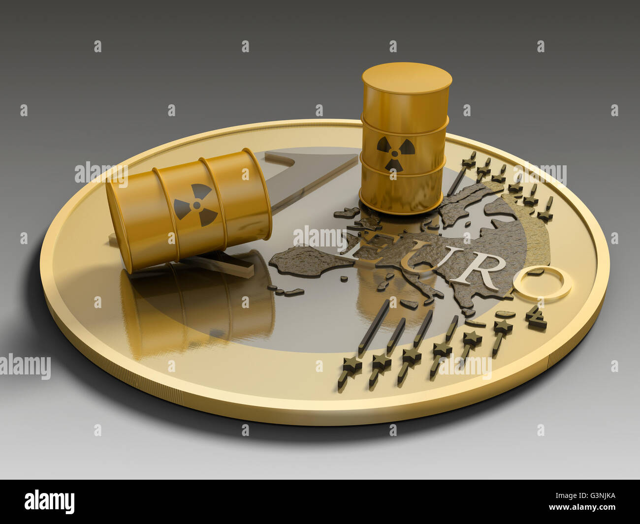 Two nuclear waste barrels on euro coin, nuclear phase-out Stock Photo ...