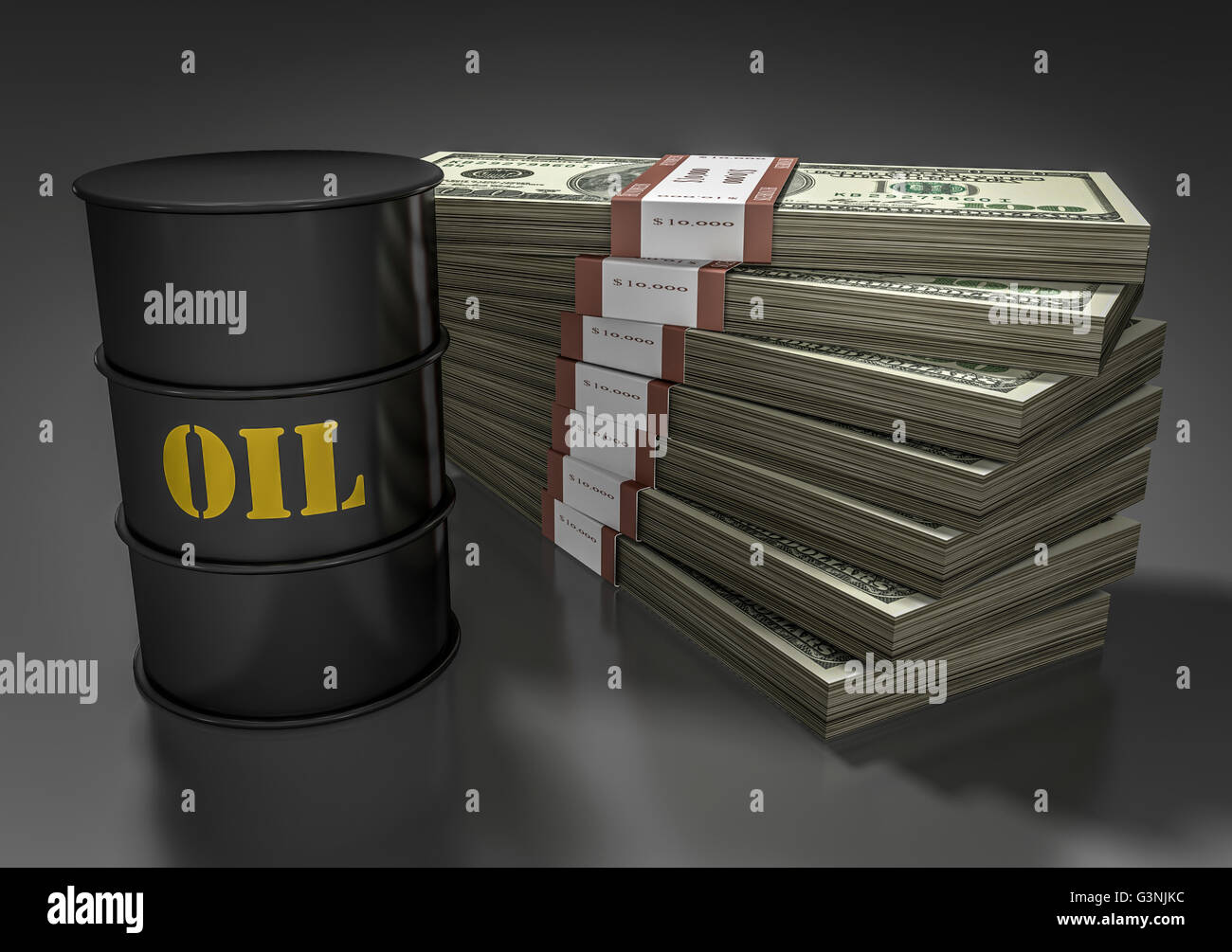 Oil barrel in front of stack of dollar bills, oil price Stock Photo - Alamy