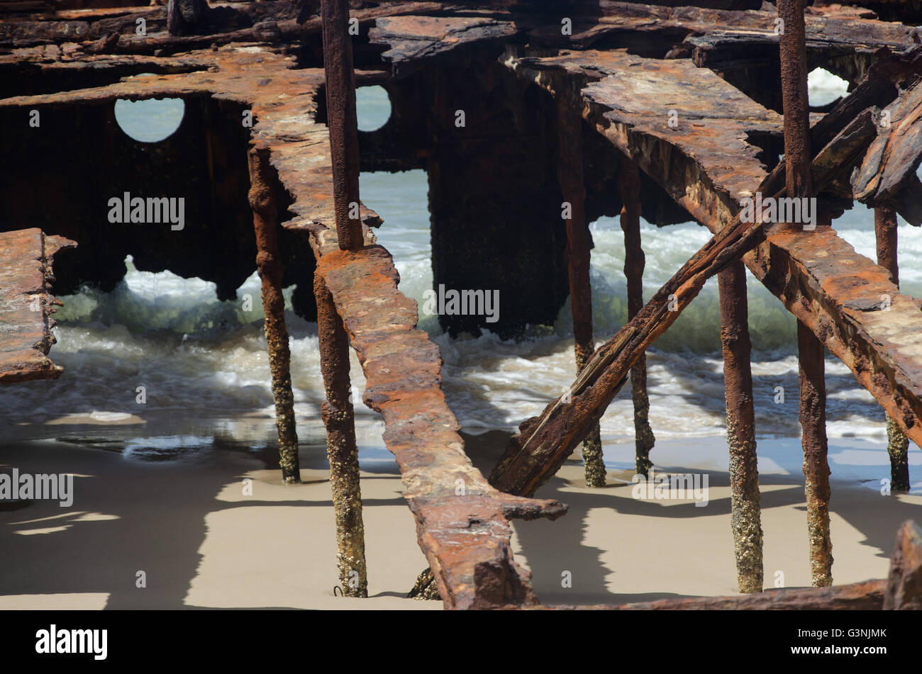Details of the interior of the SS Maheno luxury shipwreck on clear blue ...